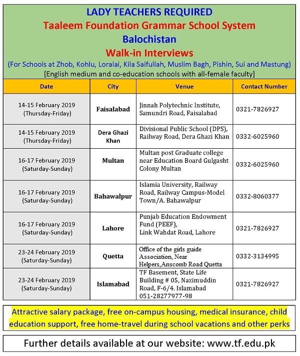 Lady Teachers Required – Taaleem Foundation